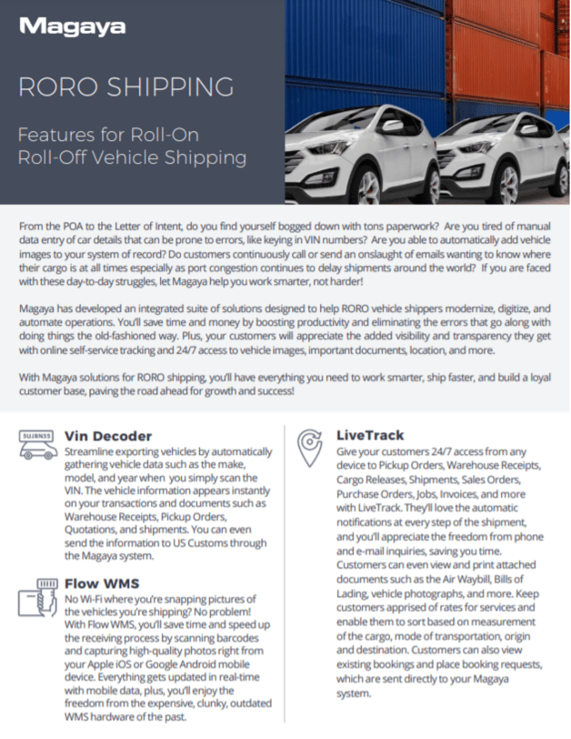 RORO Solution Sheet | Magaya Forwarder Software for Roll-On Roll-Off